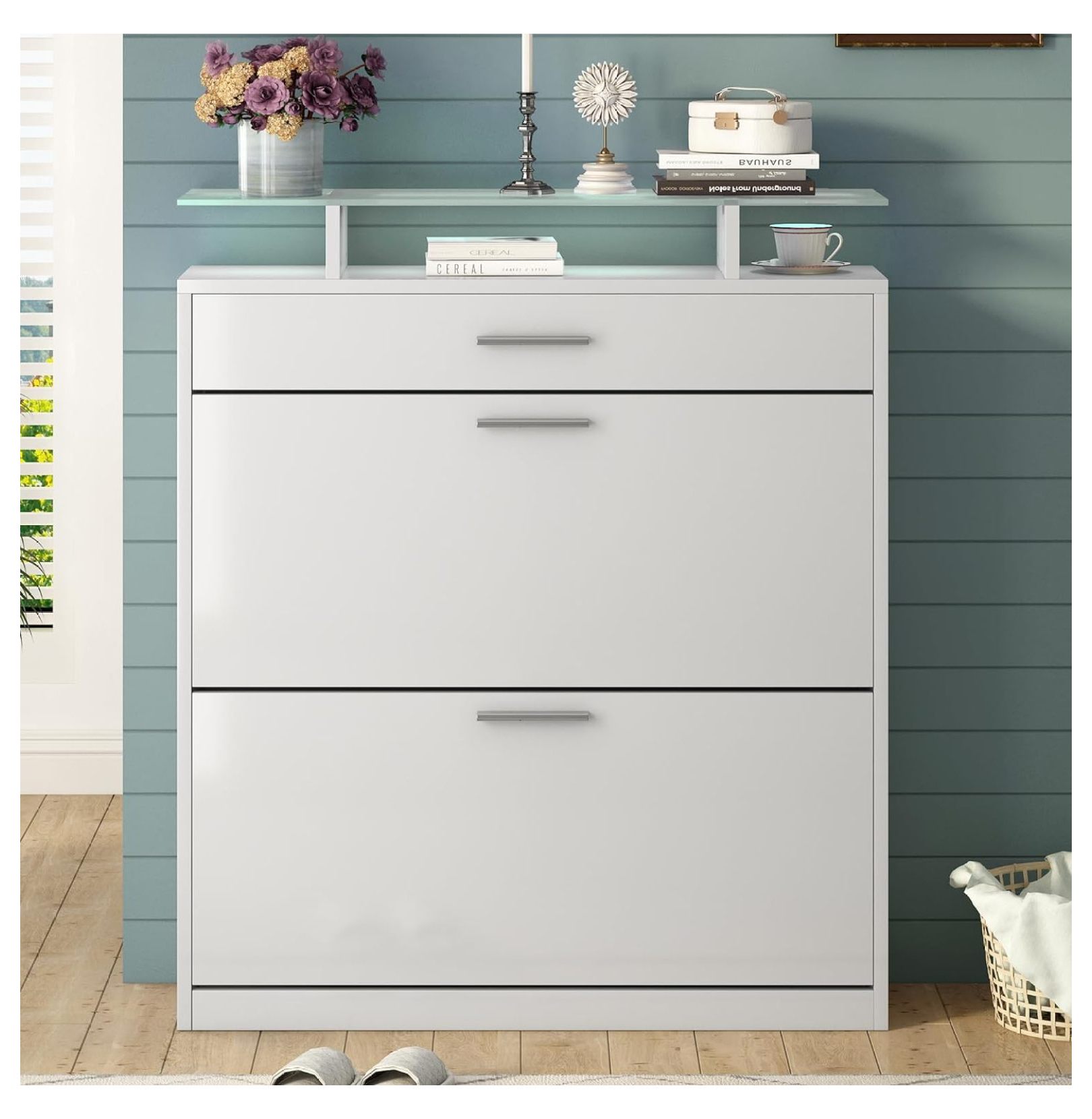 Hidden LED-Lit Shoe Cabinet - Chic Entryway Storage ! Tempered Glass ...