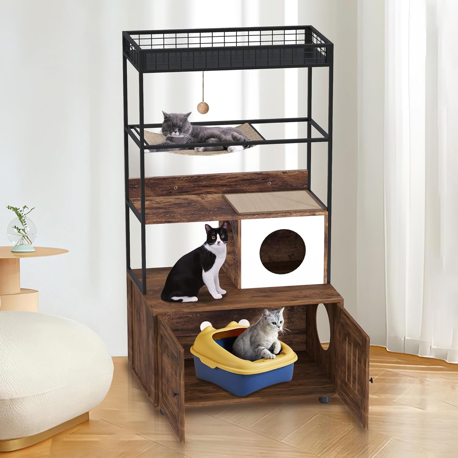 Hidden Litter Box Furniture with Metal Frame, 60''H Cat Litter Box ...
