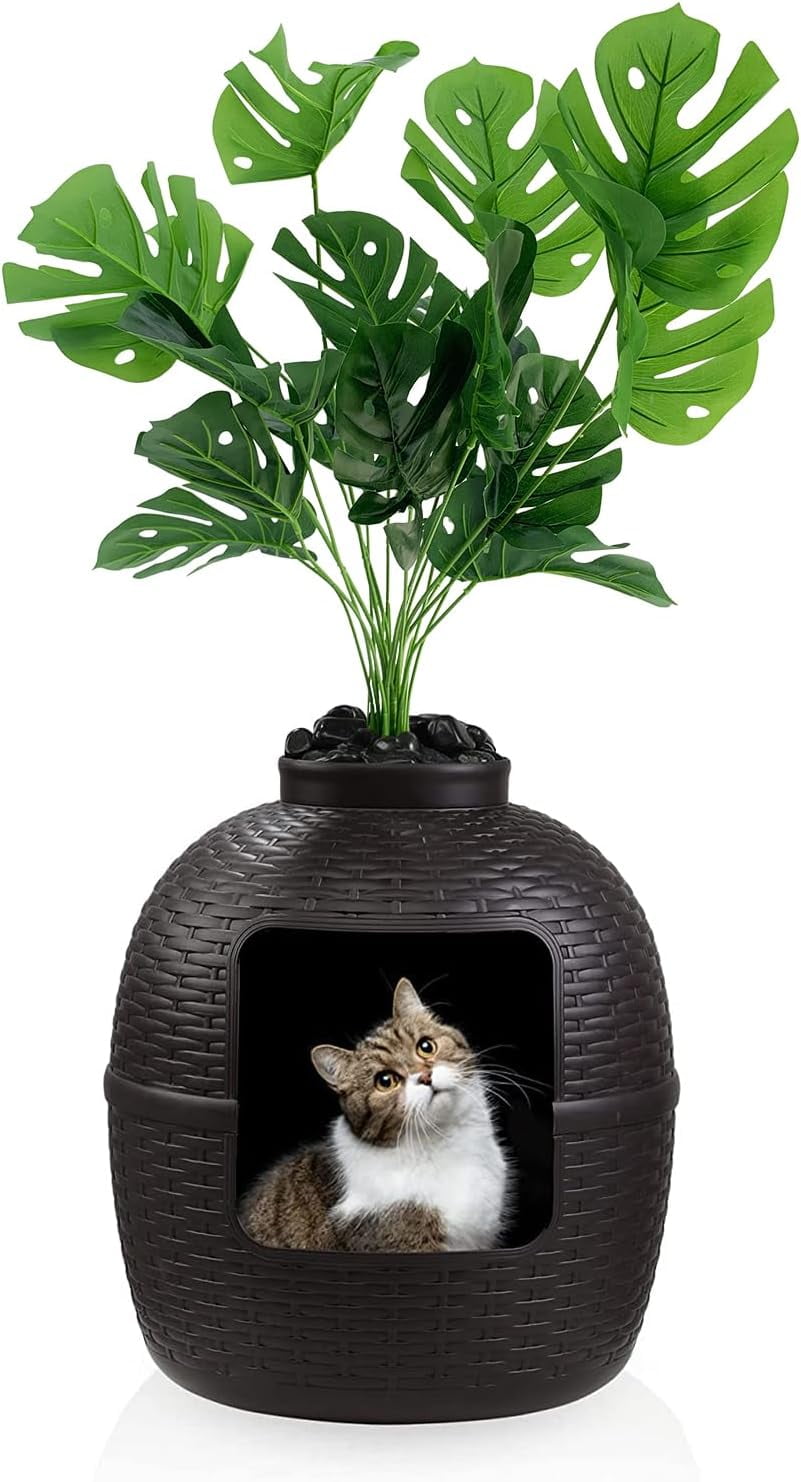 Hidden Litter Box with Faux Plant, Cat Litter Box Furniture with Rattan ...
