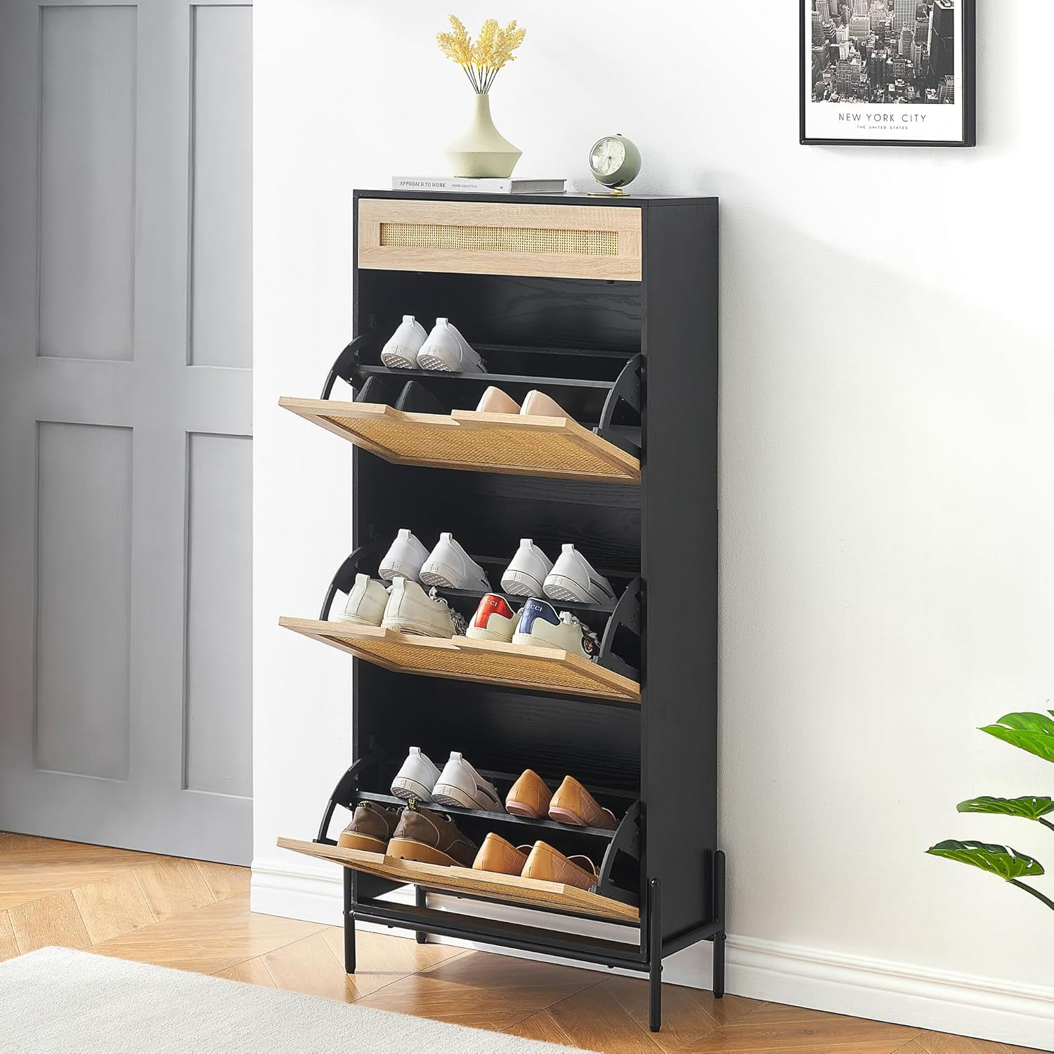 Hidden Shoe Cabinet with Drawer/ 2 Flip Doors Narrow Shoe Storage ...