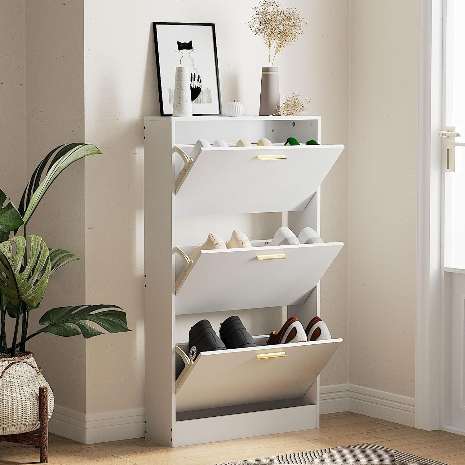 Hidden Shoe Cabinet for Entryway, Narrow Slim Shoe Storage Cabinet with ...