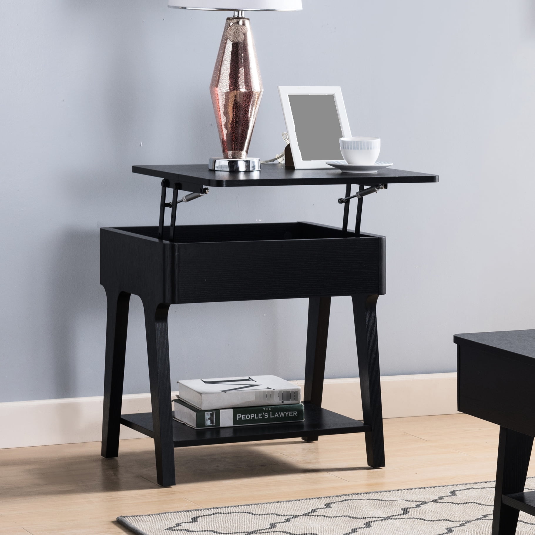 Hidden Storage Lift Tabletop End Table In Black With Open Bottom Trait ...