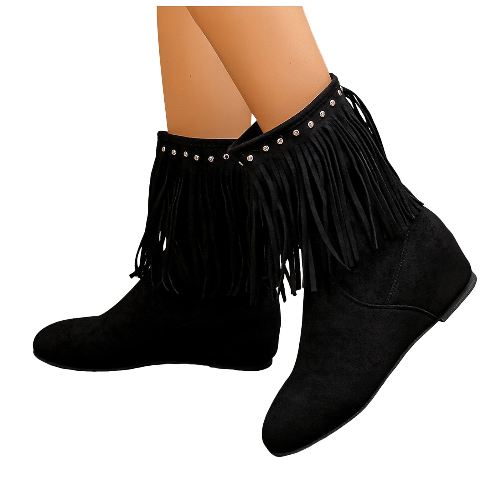 Hidden Wedges Mid Calf Fringe Boots for Women Boho Winter Fall Studded ...