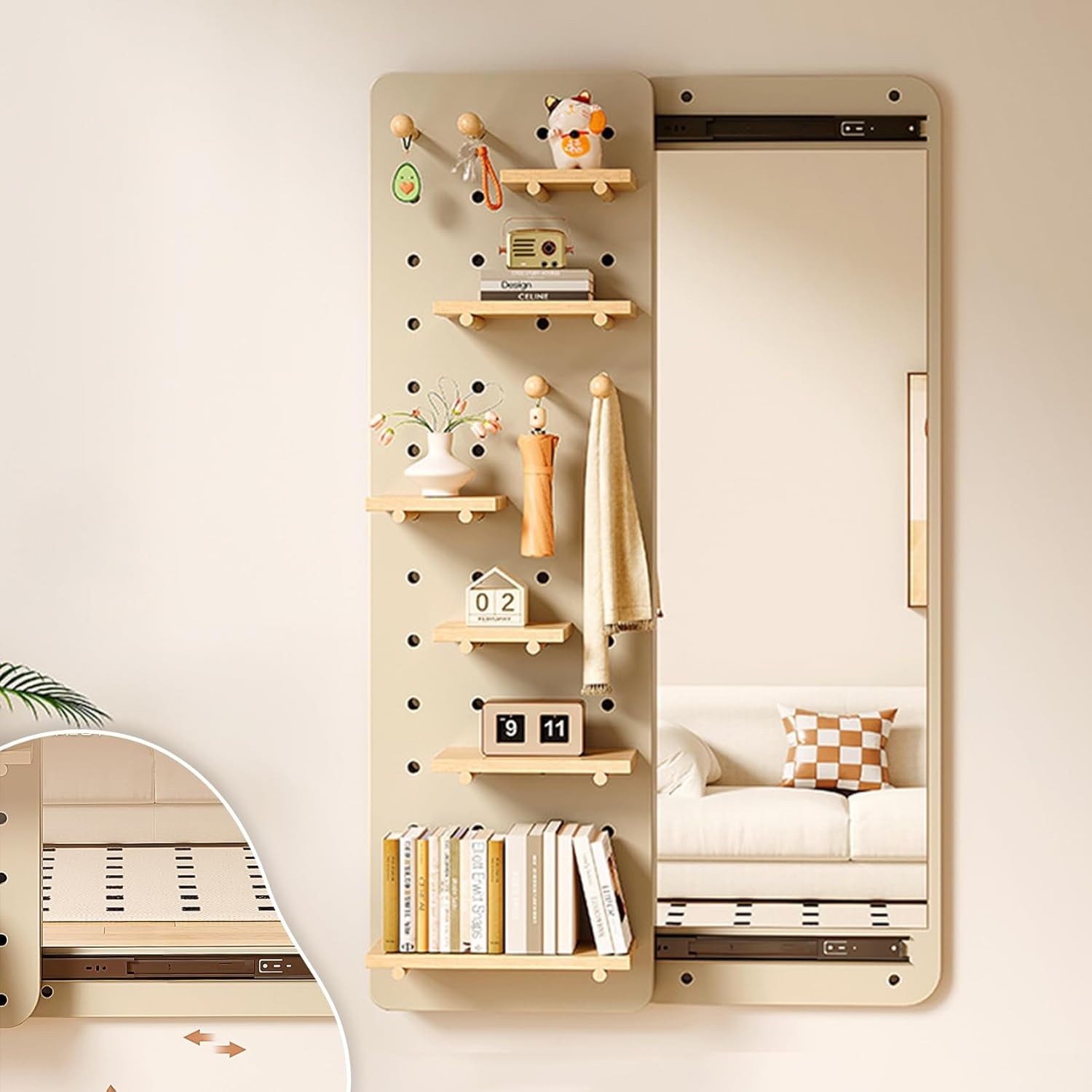 Hide Wall Mounted Mirror Full Body Mirror with Pegboard Wall Organizer ...