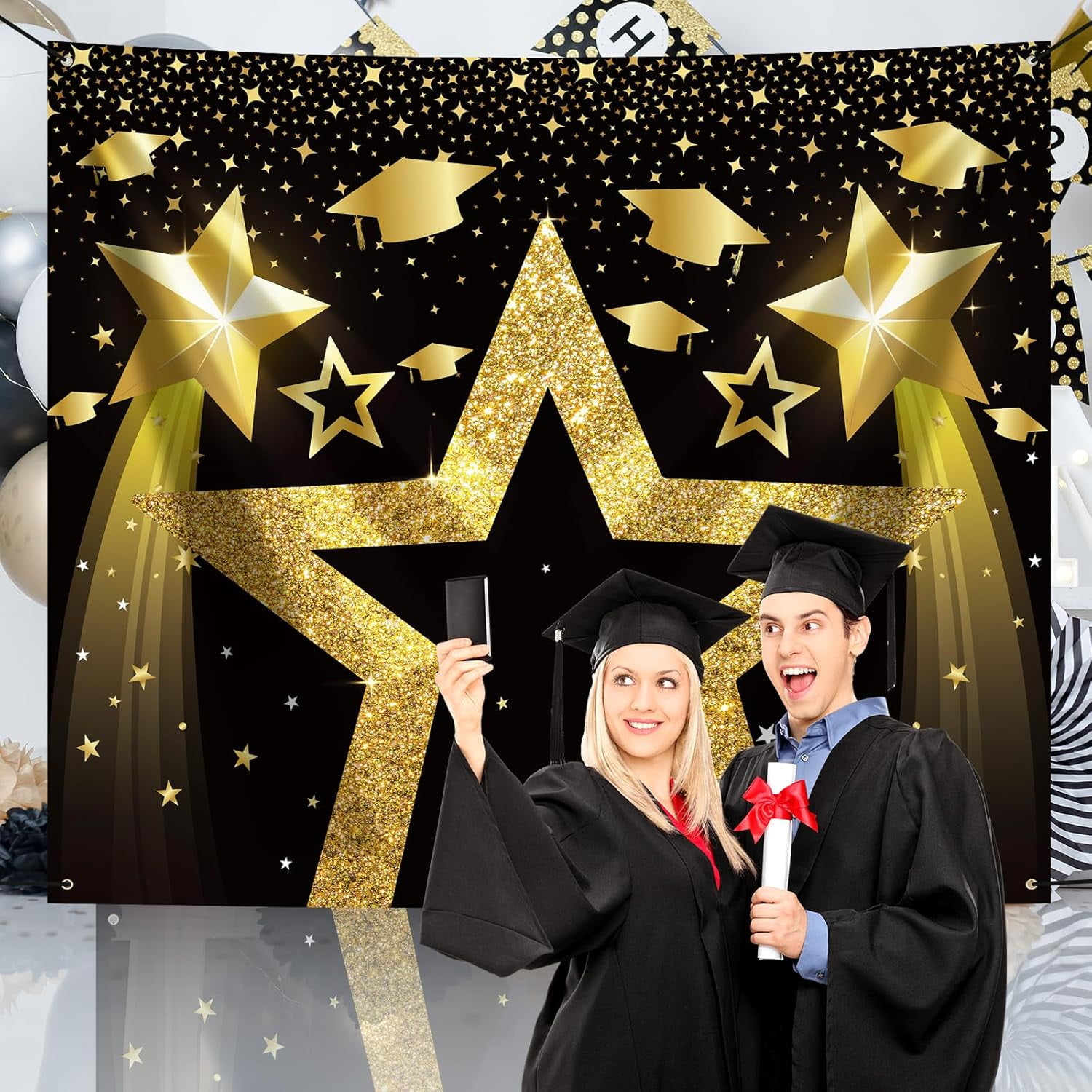 Hidove 10x8ft Graduation Decorations 2025 Party Badrop Starry Night P ps Bla and Gold Graduation ...
