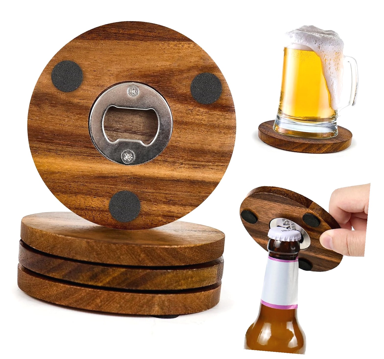 Hidove 2-IN-1 Wood Coasters with Opener, Set of 4 – Funny Wood Drink ...