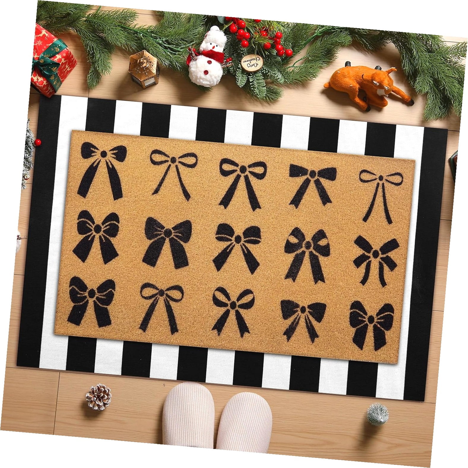 Hidove 2 Pcs Christmas Door Mat Coir Mats Bow Floor Layering Doormats ...