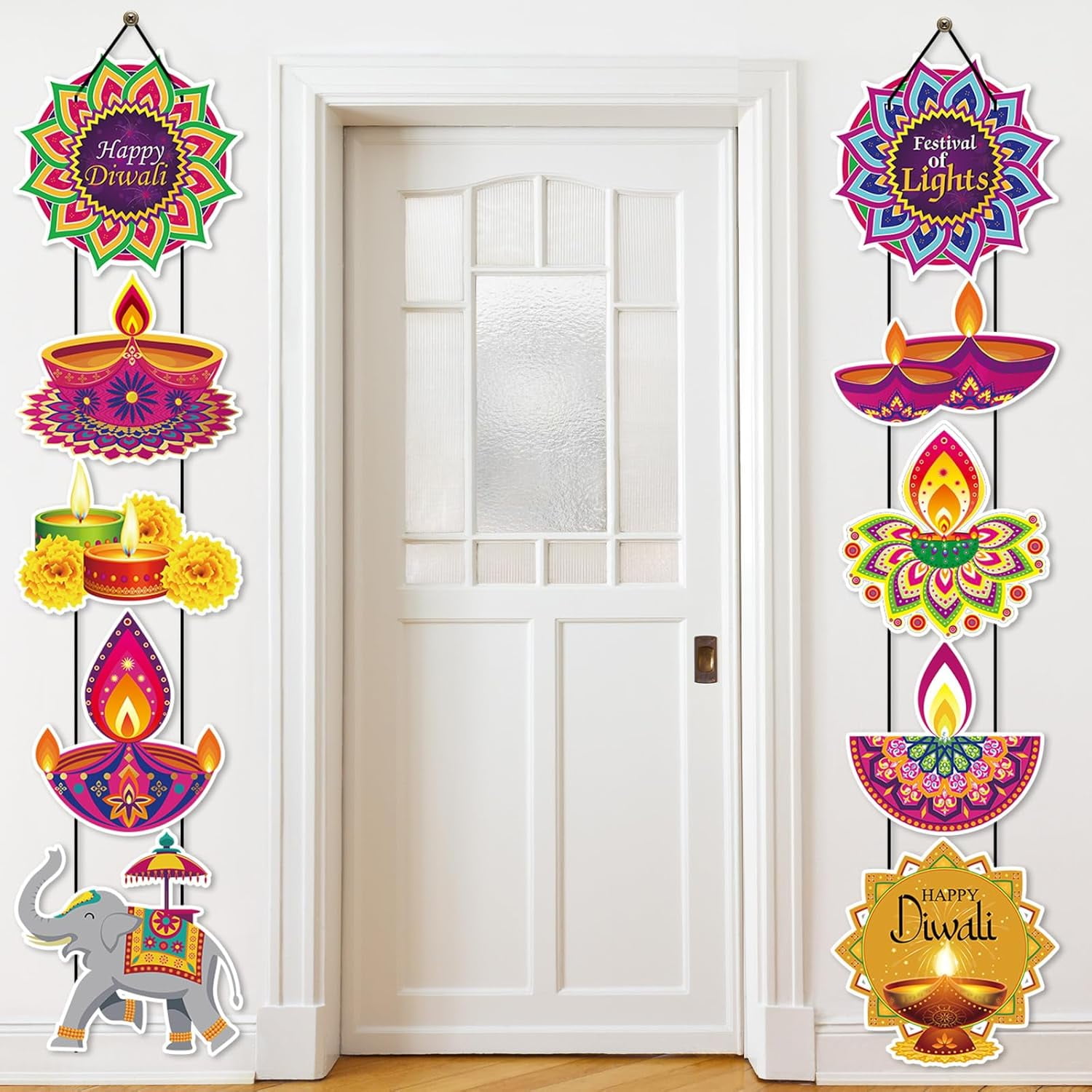 Hidove 2 Sets Happy Diwali Porch Sign Deepavali Oil Lamp Door Banner ...