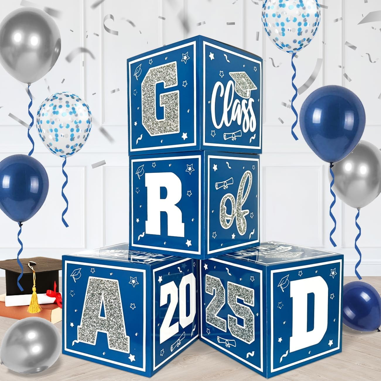 Hidove 2025 Graduation Decorations Blue and Silver Balloon Boxes Class ...