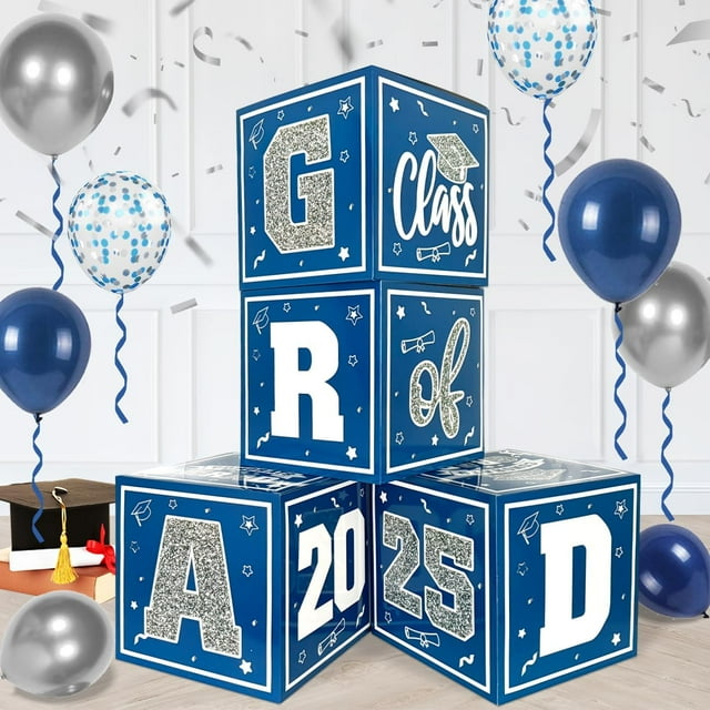 Hidove 2025 Graduation Decorations Blue and Silver Balloon Boxes Class ...