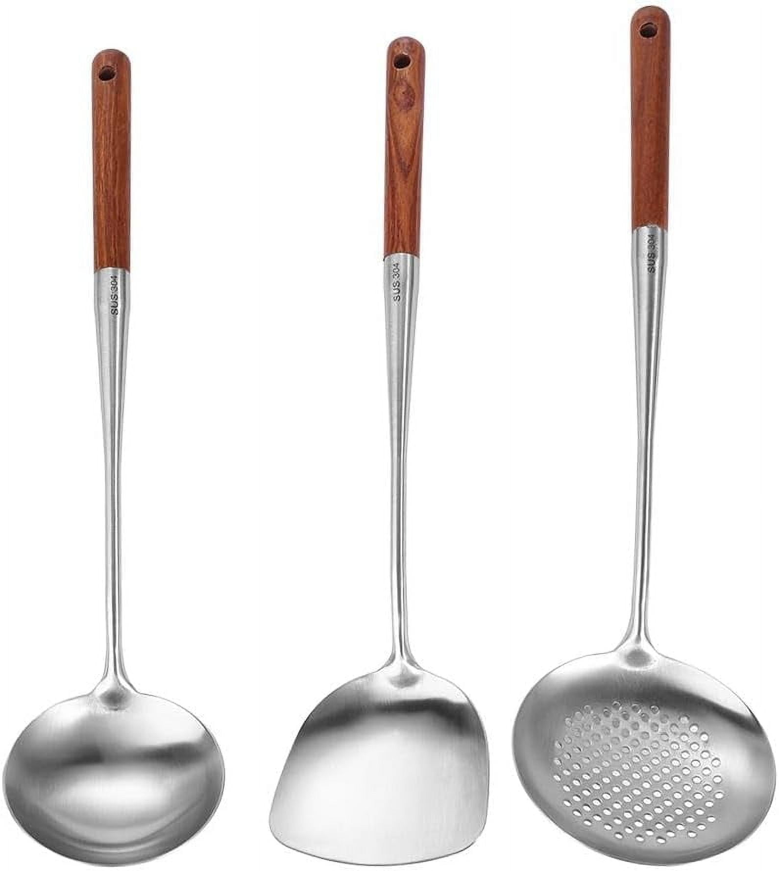 Hidove 3 Pcs Wok Spatula and Ladle, Skimmer Ladle Tool Set, 304 Stainl ...
