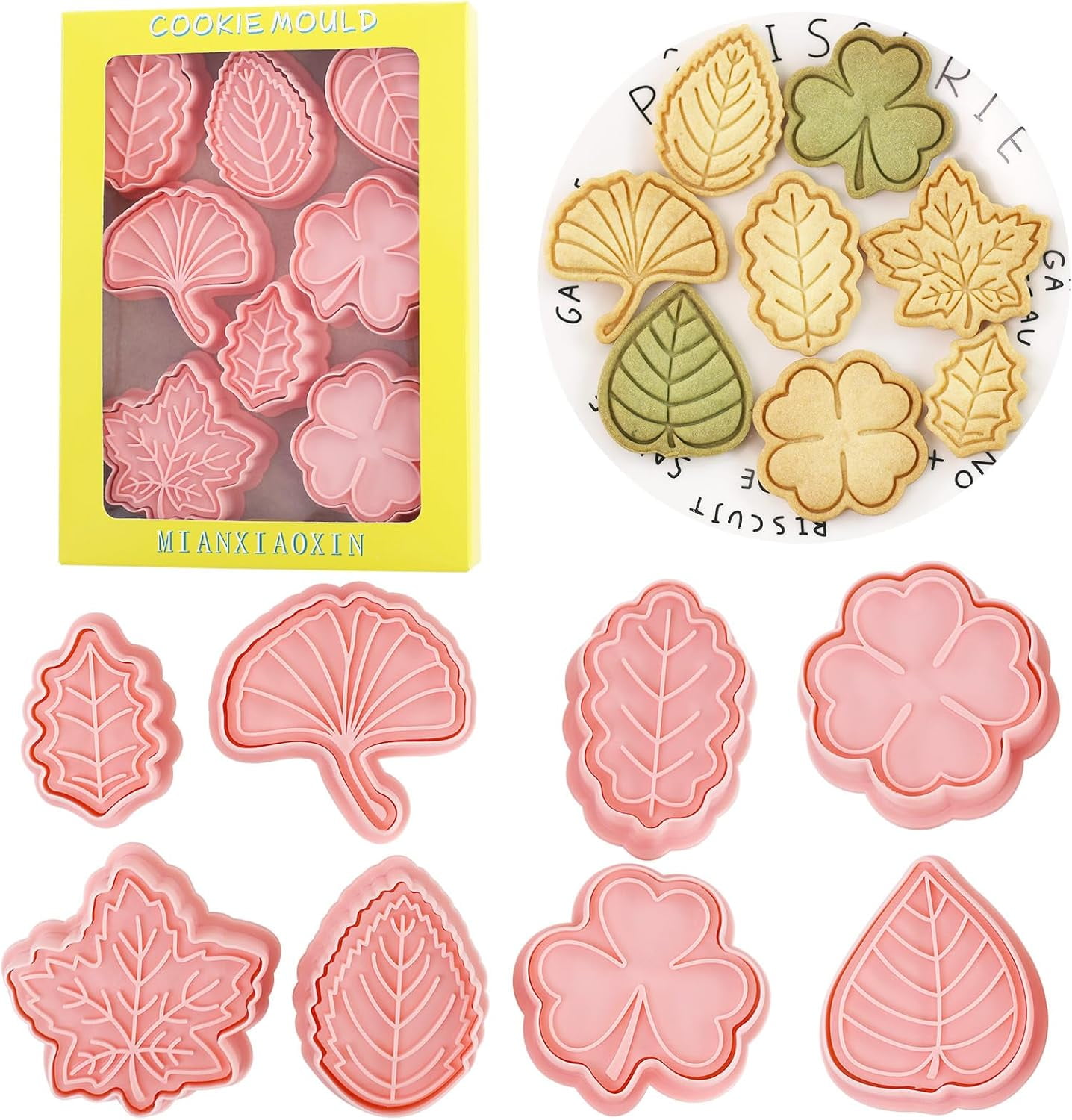 Hidove 8 Piece Leaves Shape Cookie Embossing Molds Biscuit Moulds(8 ...