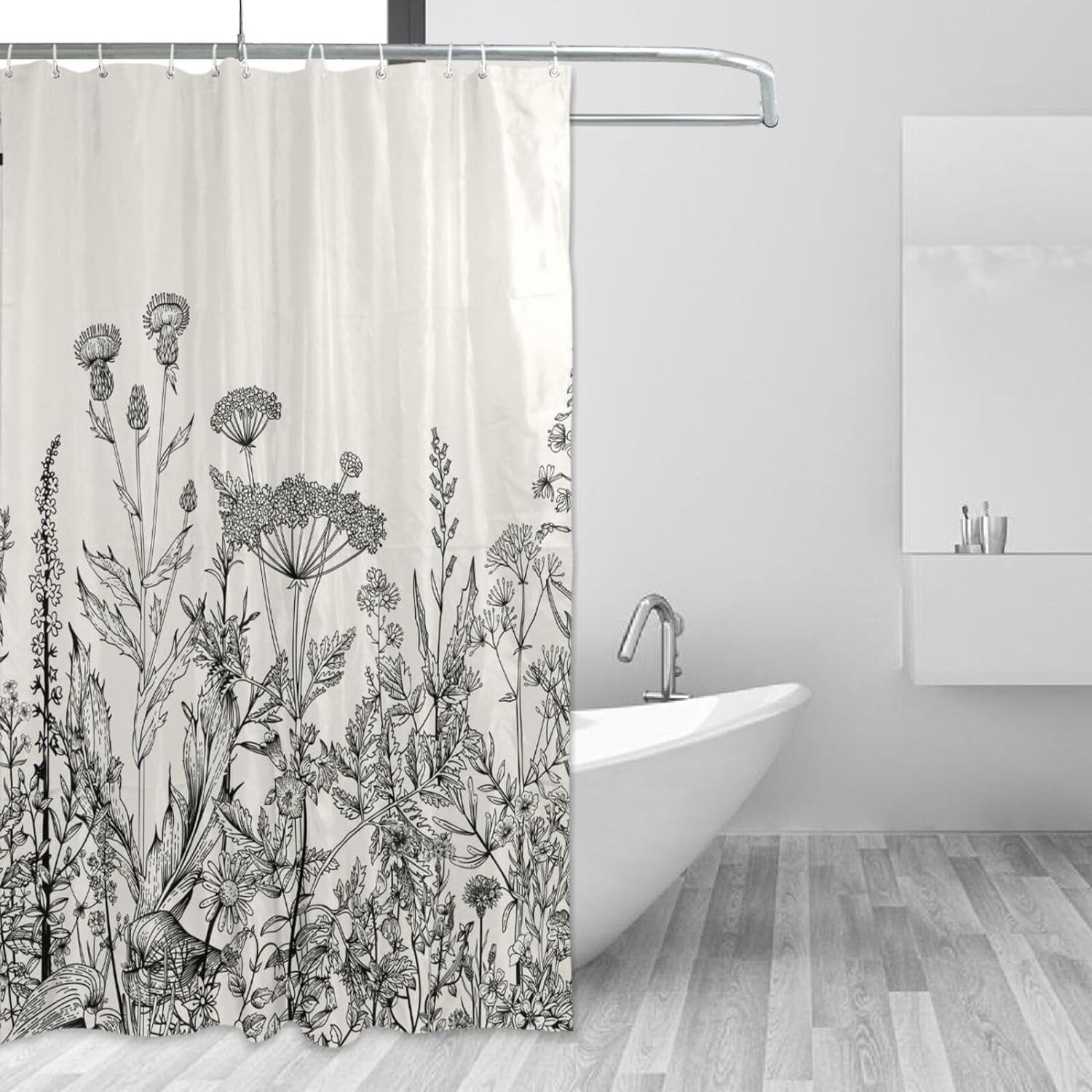 Hidove Black White Flowers Bathroom Waterproof Shower Curtain Set