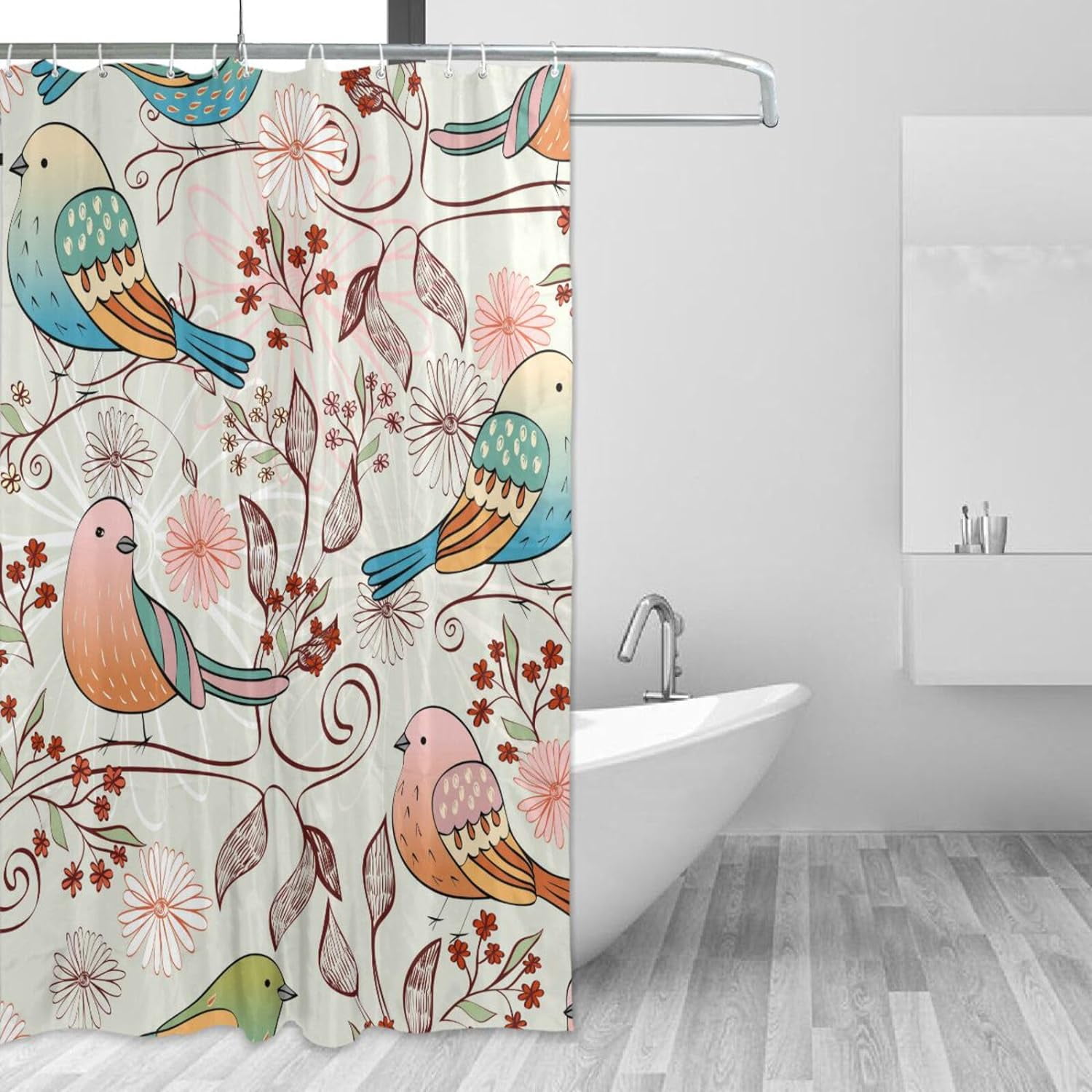 Hidove Cartoon Birds Bathroom Waterproof Shower Curtain Set Bathtub