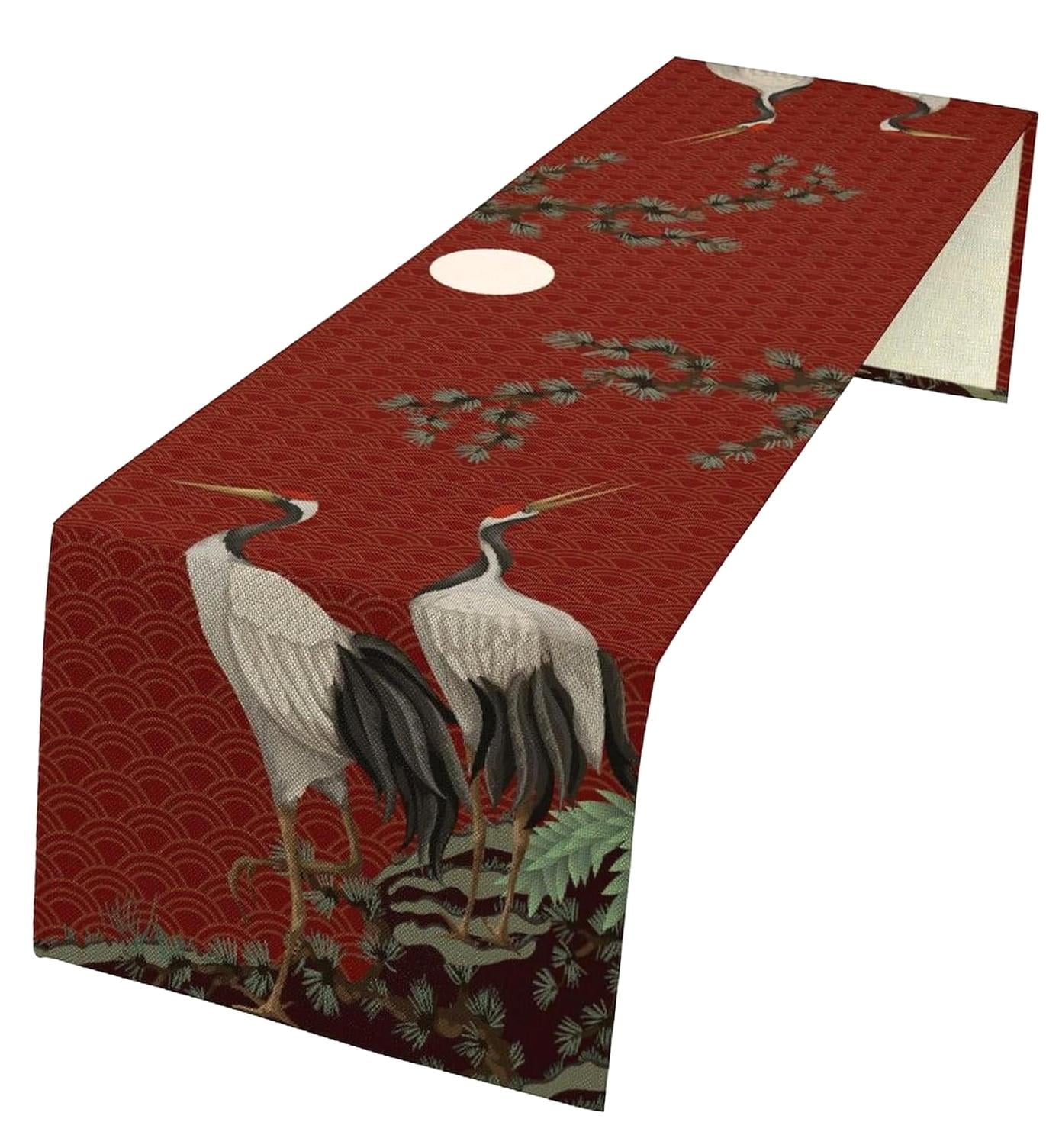 Hidove Chinoiserie Crane Table Runner, Asian Japanese Crane Pine Tree ...