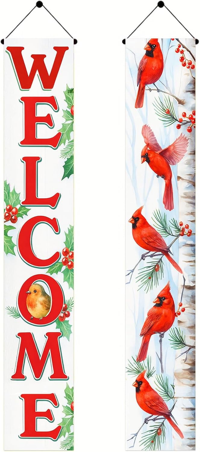 Hidove Christmas Door Banner Red Winter Bird Porch Sign Winter Vertical ...