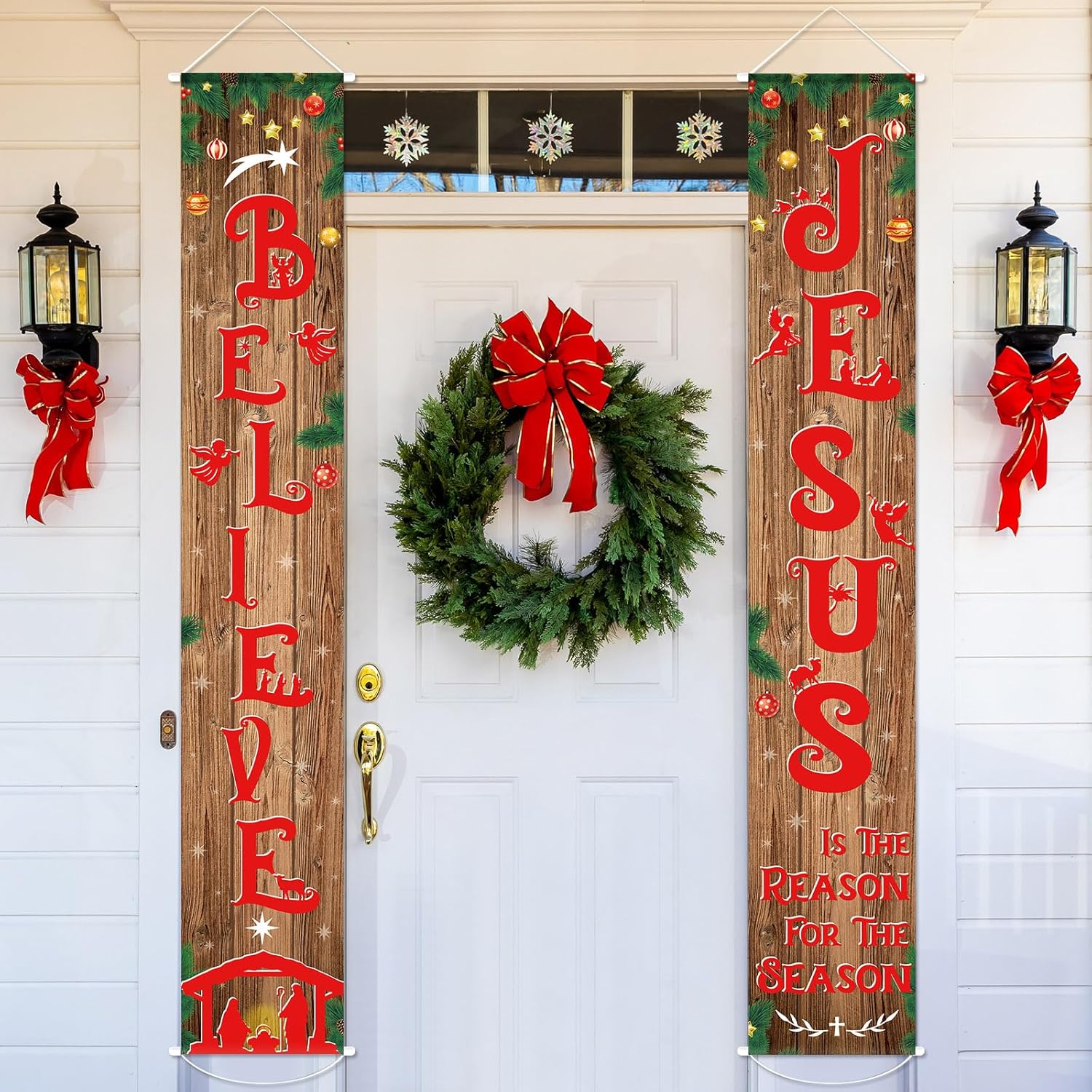 Hidove Christmas Porch Banner Winter Nativity Scene Sign Holiday ...