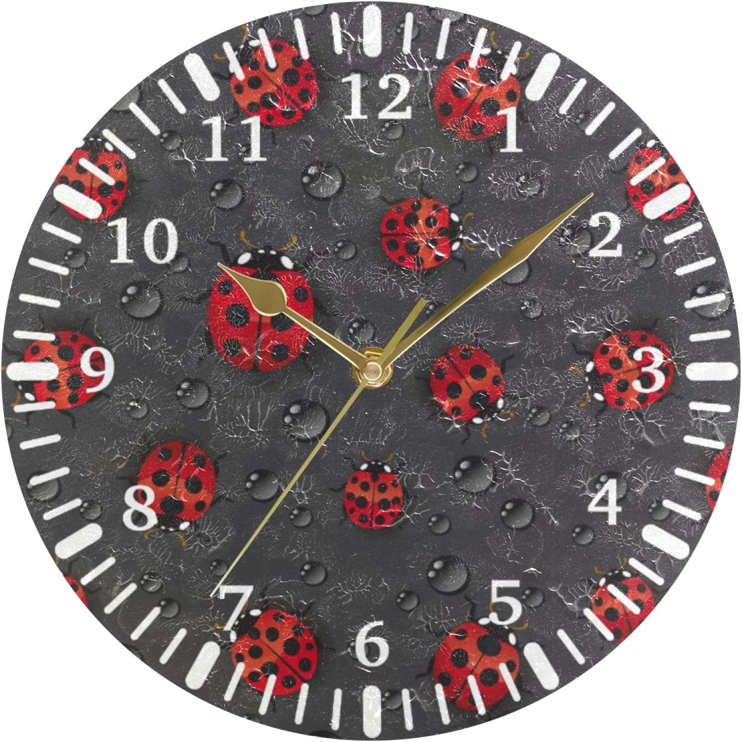 Hidove Cute Ladybug and Water Drops Round Wall Clock Mute Living Room ...
