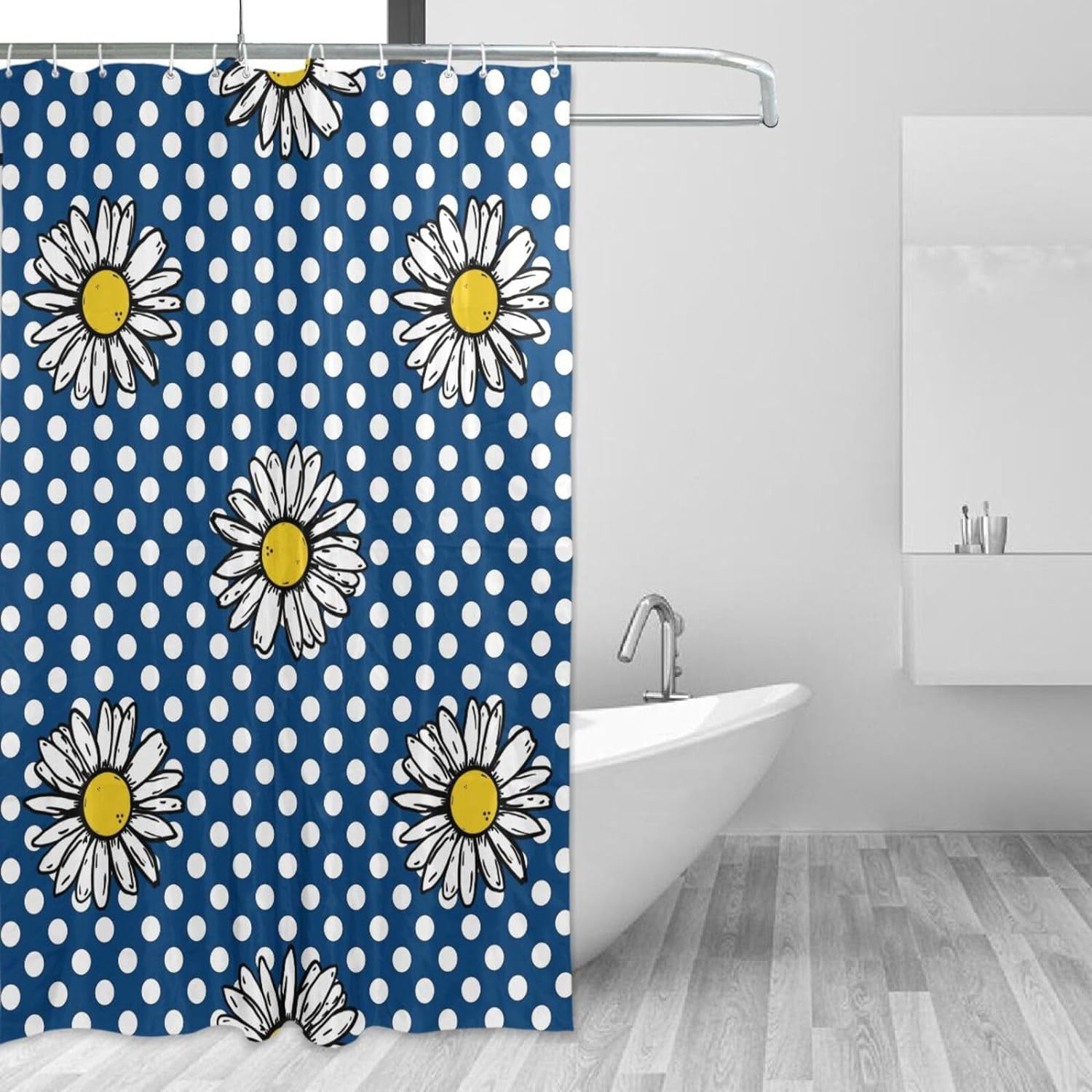 Hidove Daisy Polka Dots Blue Bathroom Waterproof Shower Curtain Set