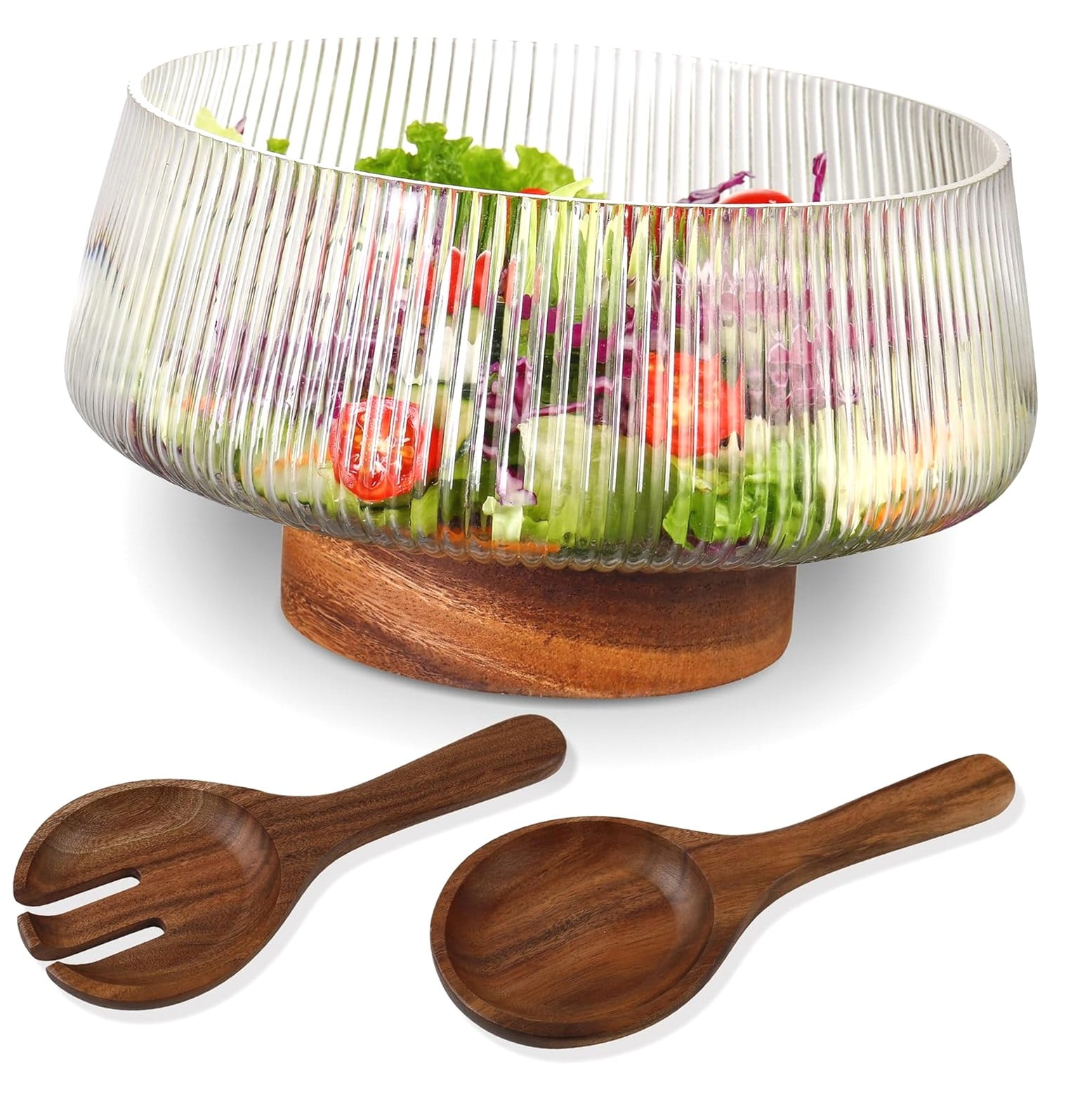 Hidove Extra Large Salad Bowl Set with Wood Base, Ribbed Salad Bowl ...