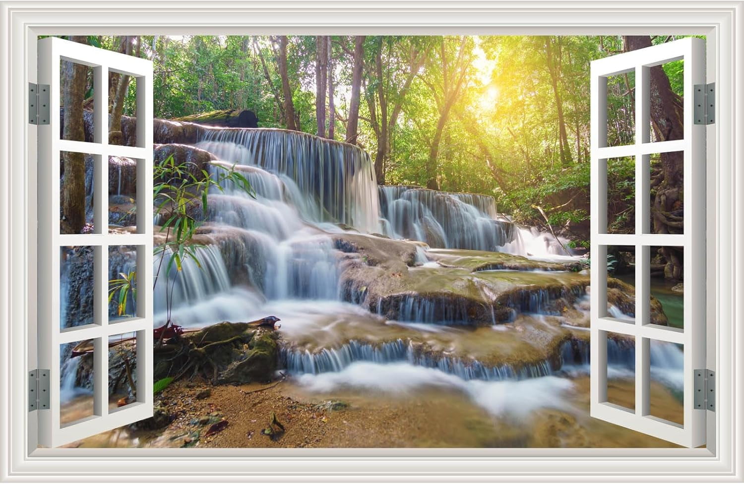 Hidove Fake Window Wall Decal Jungle Waterfall River Faux Window Poster ...