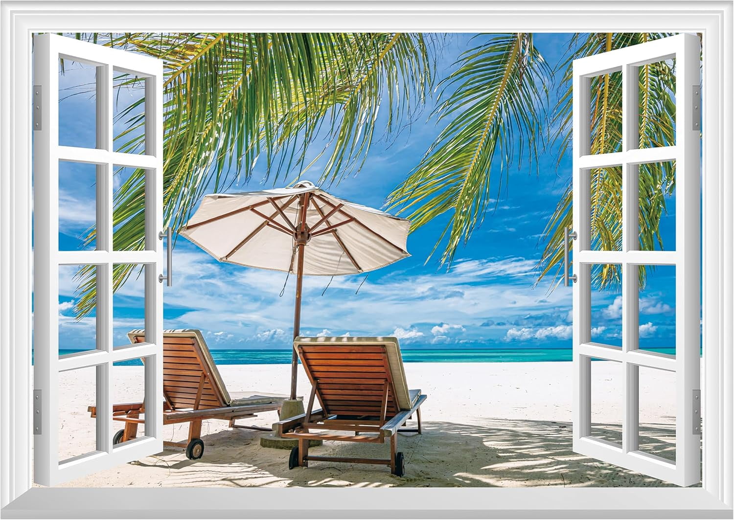 Hidove Fake Window Wall Decal Ocean Beach Faux Window Wall Mural for ...