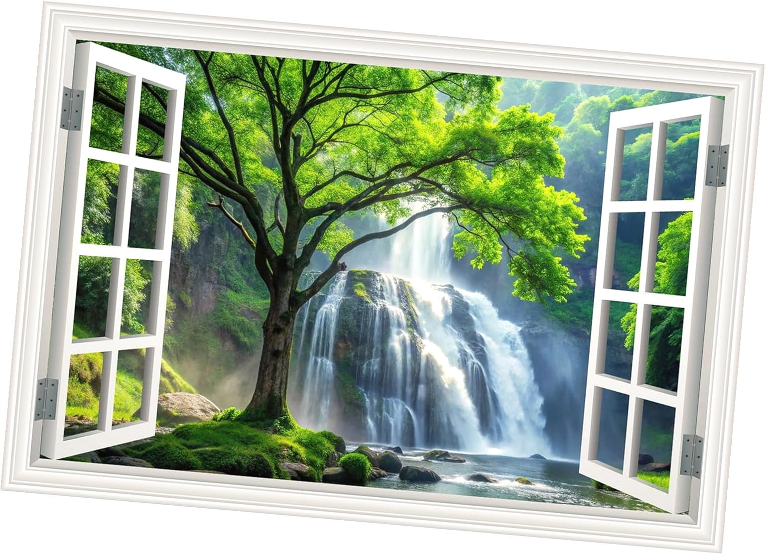 Hidove Fake Window Wall Decal- Wonderland Tree Jungle Waterfall Sticker ...
