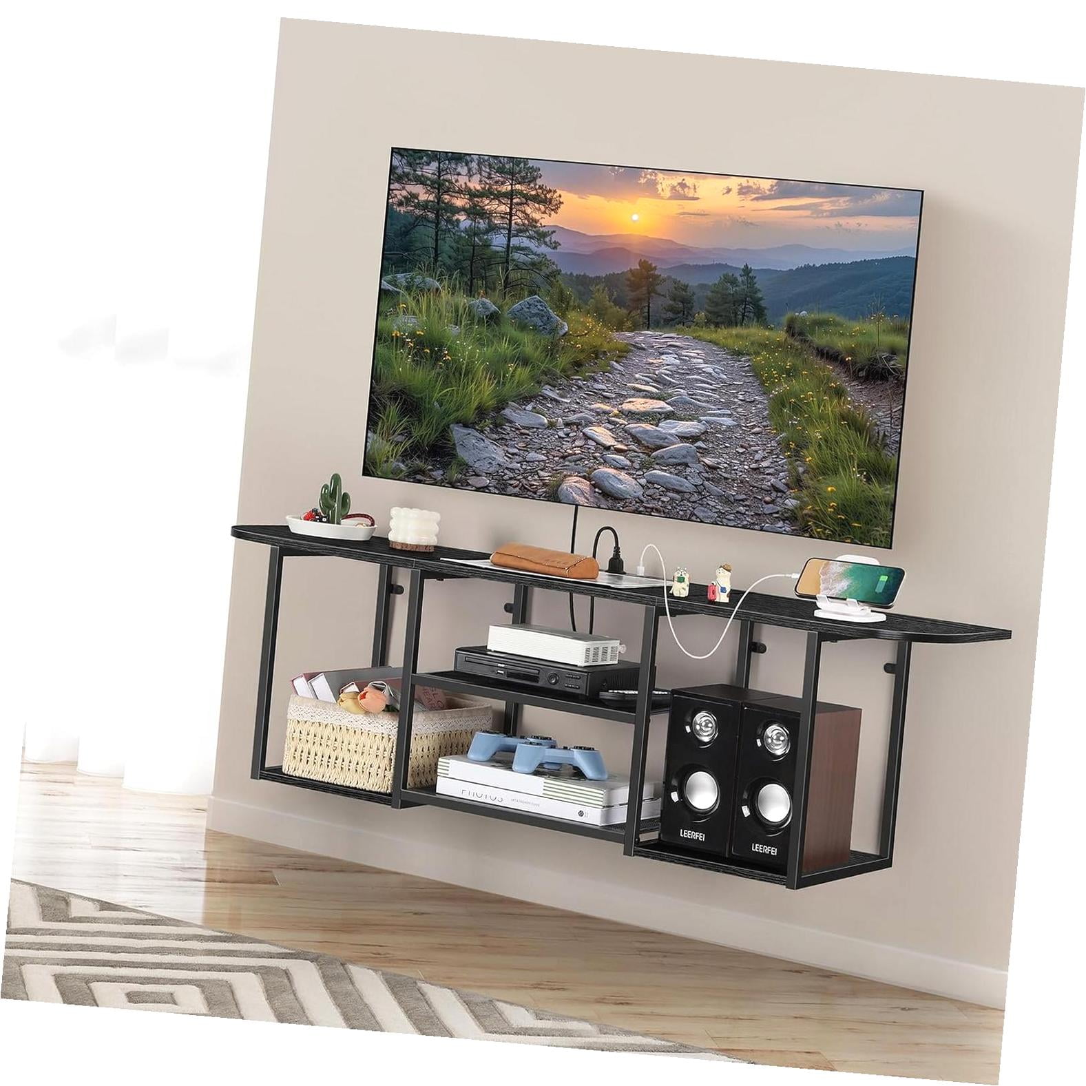 Hidove Floating TV Shelf with Power Outlet, Black TV Console Featuring ...