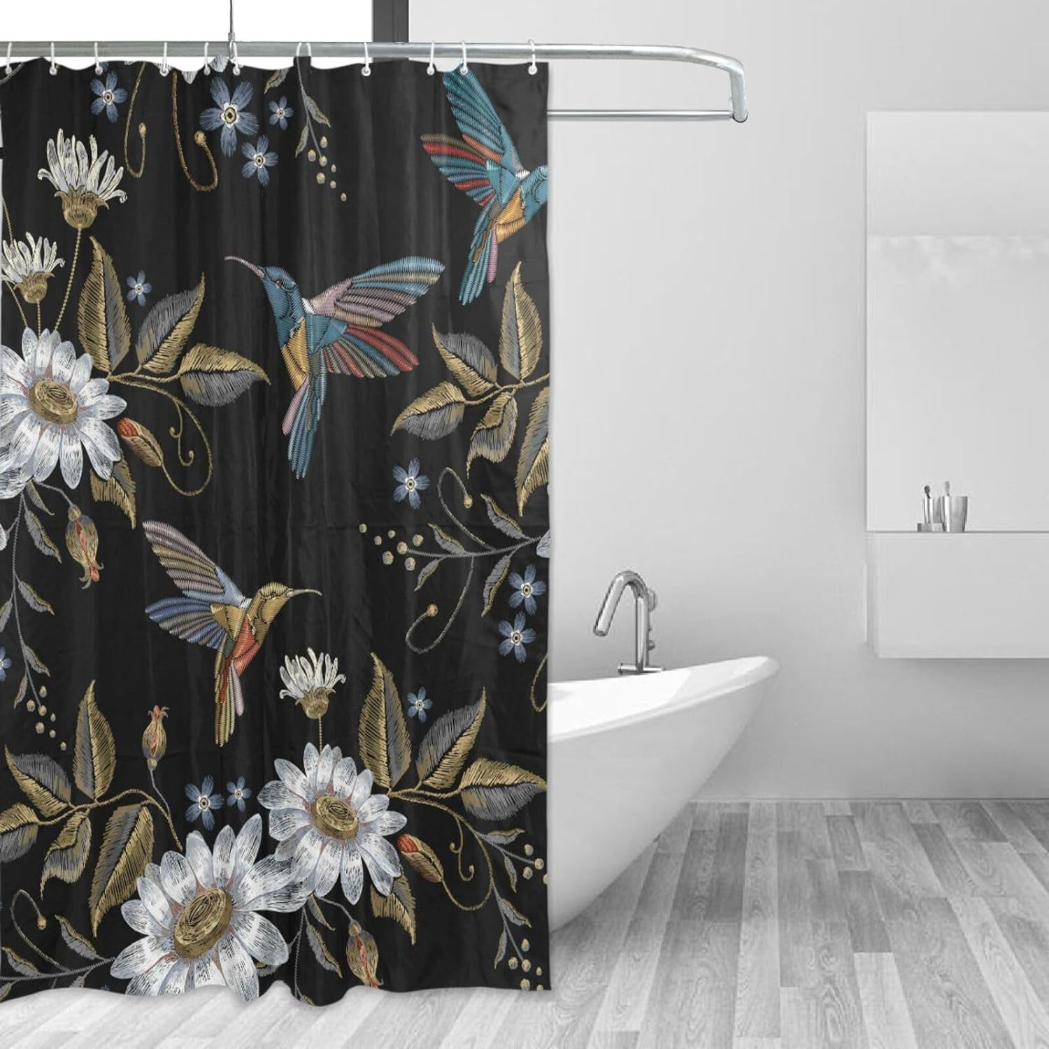 Hidove Flowers And Birds Bathroom Waterproof Shower Curtain Set Bathtub