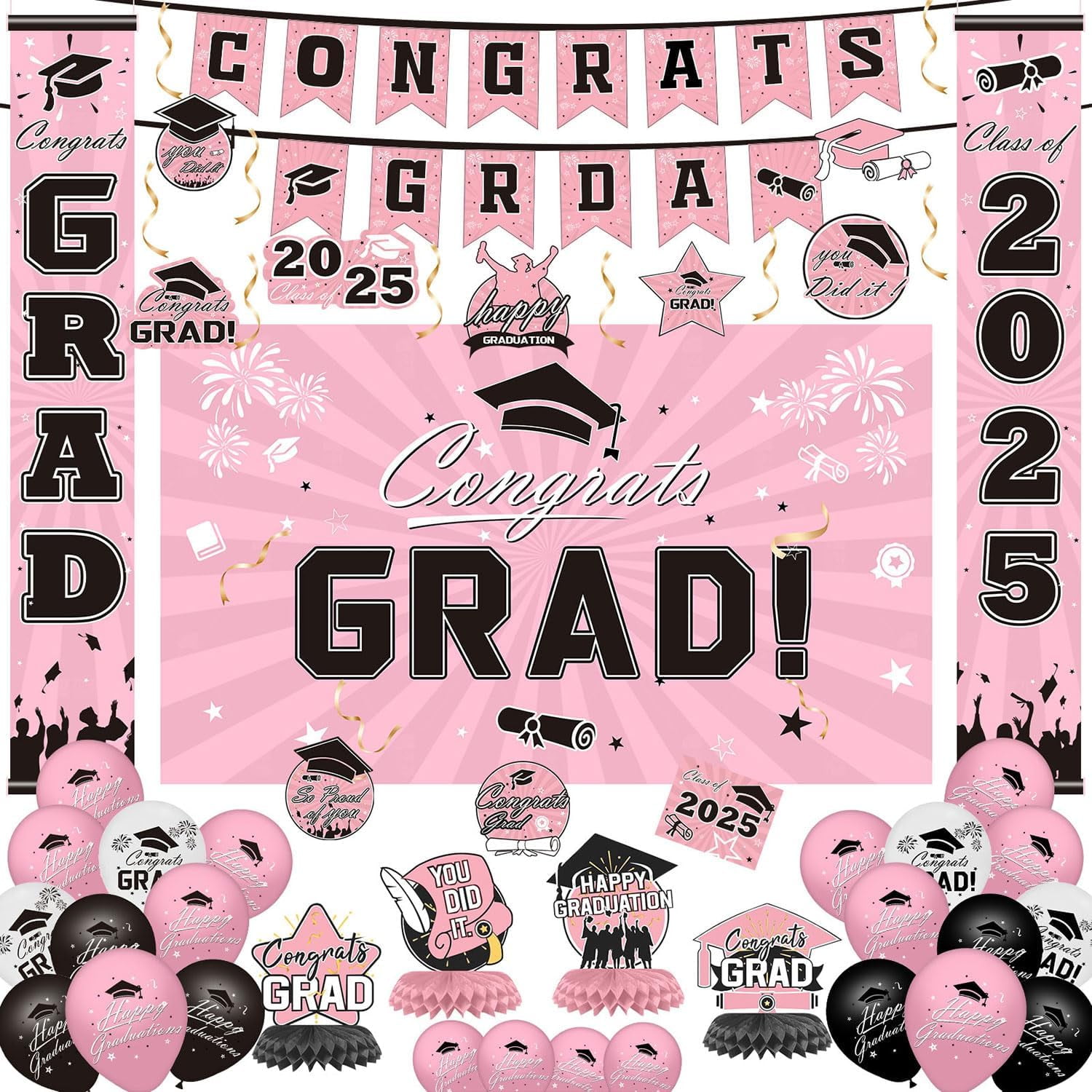 Hidove Graduation Decorations 2025 Set - Pink Themed Congrats Grad ...