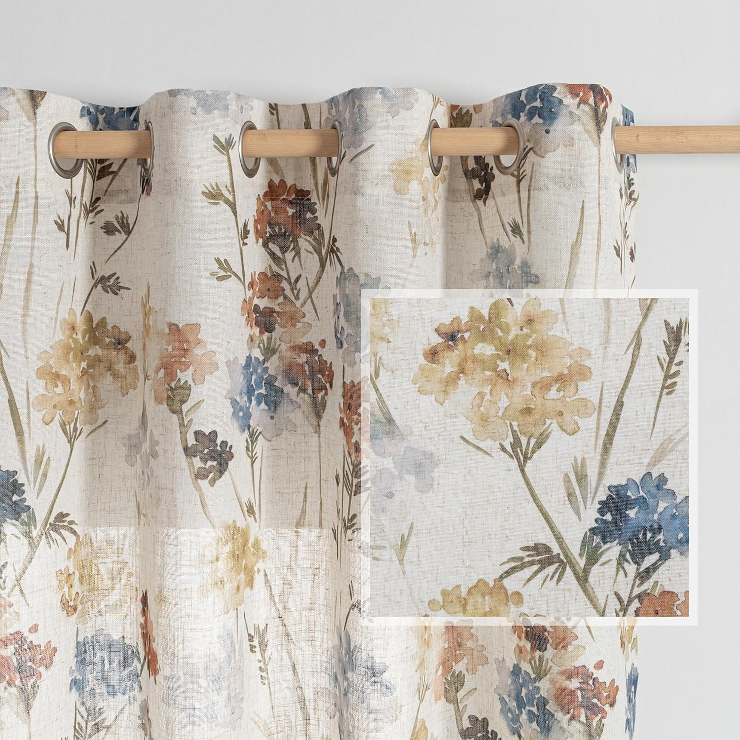 Hidove MYSKY Linen Floral Curtains Drapes 63 Inch Long 2 Panels Semi ...