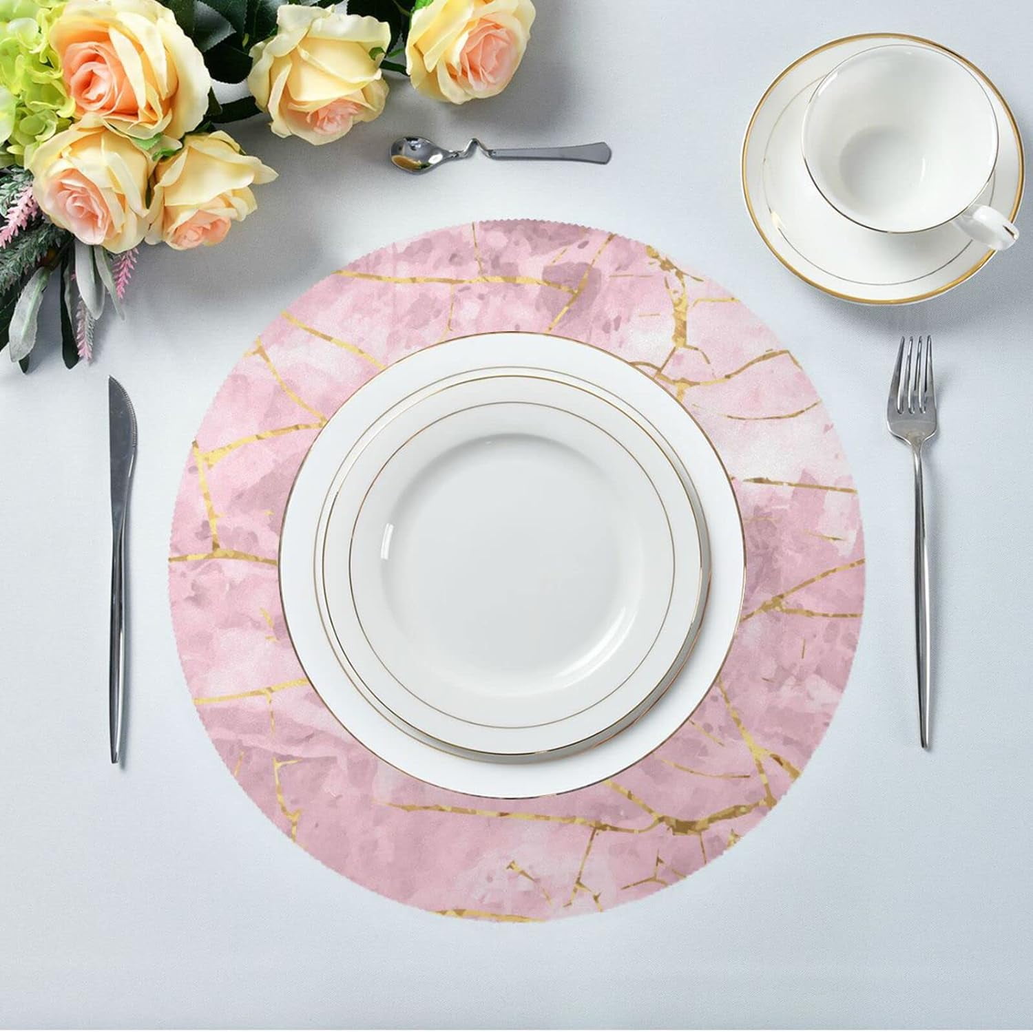 Hidove Marble Texture Round Placemats for Dining Table Non Slip Heat ...