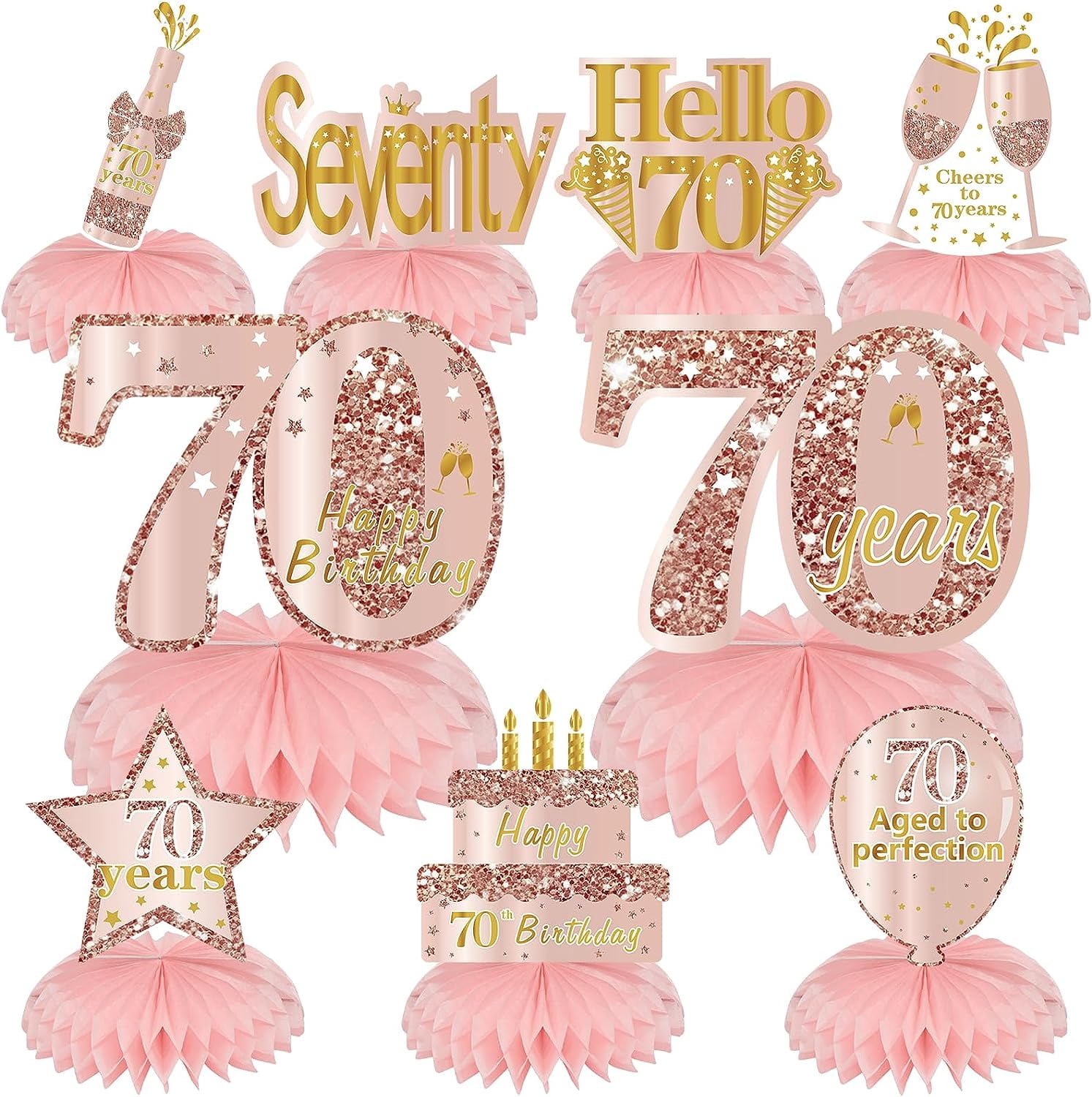 Hidove Pink Rose Gold 70th Birthday Honeycomb Centerpieces Decorations ...