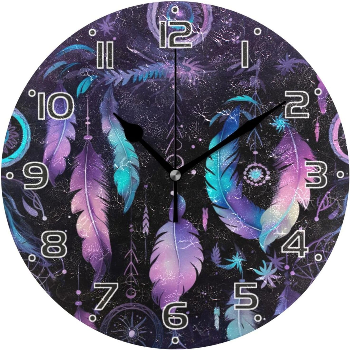 Hidove Purple Feathers Clock Silent Round Wall Clock Non Ticking ...