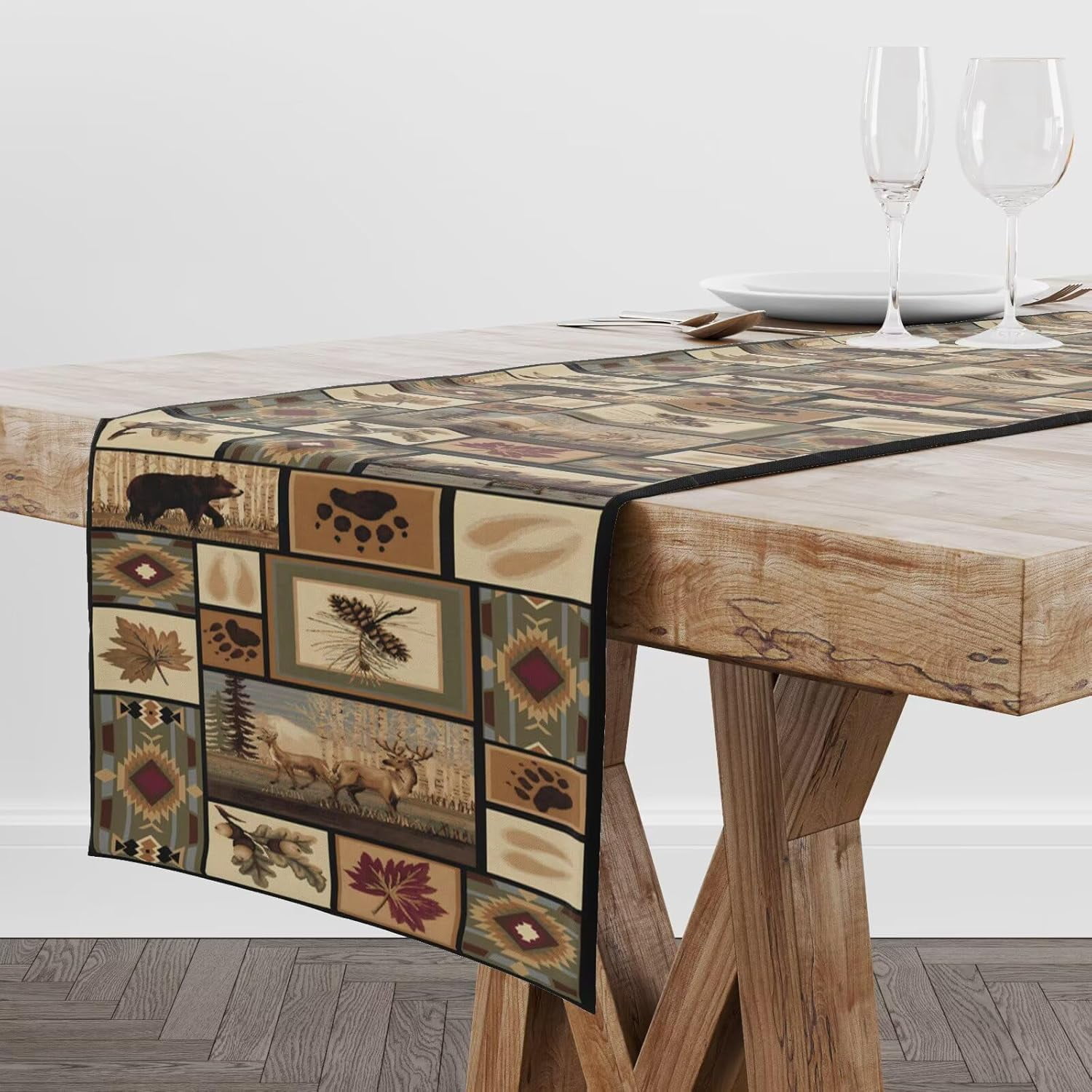 Hidove R Rust Bear Table Runner Wildlife Moose Deer Pine Cone Vintage ...