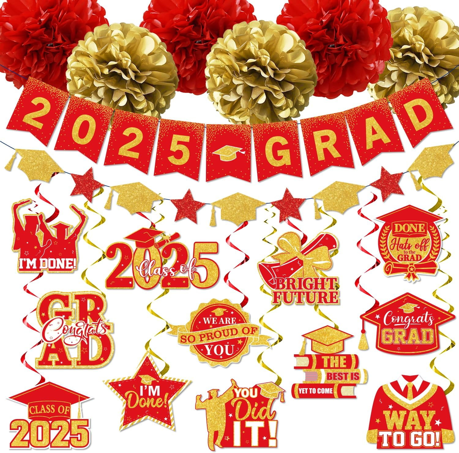 Hidove Red and Gold Graduation Decorations, 2025 Grad Banner and ...