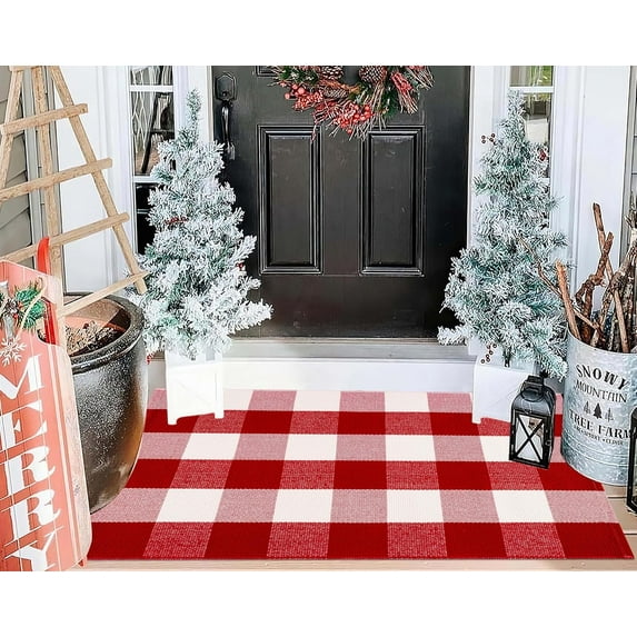 Hidove Red and White Door Mat 24''X35'' Checked Porch Rug Woven ...