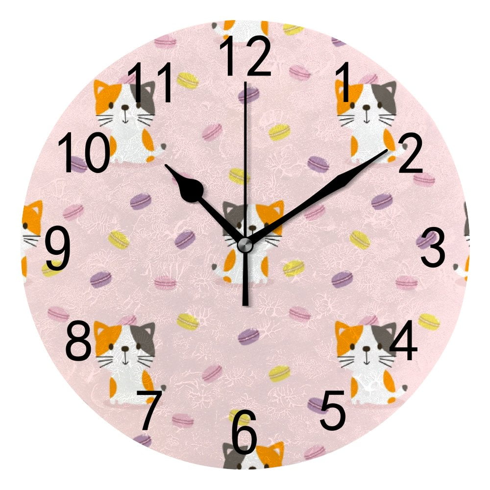 Hidove Round Wall Clock Home Decorative, Cute Cats and Sweet Macaron ...