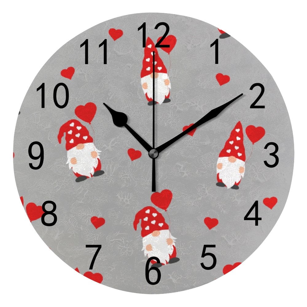 Hidove Round Wall Clock Home Decorative, Cute Valentines Gnomes in Red ...