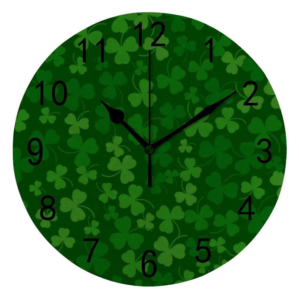 Hidove Round Wall Clock Home Decorative, Green Clover Leaves Pattern ...