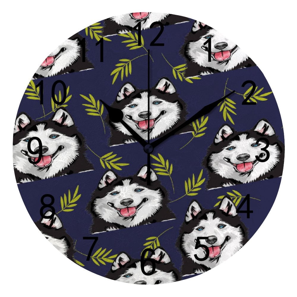 Hidove Round Wall Clock Home Decorative, Husky Pattern Wall Clock 10 ...
