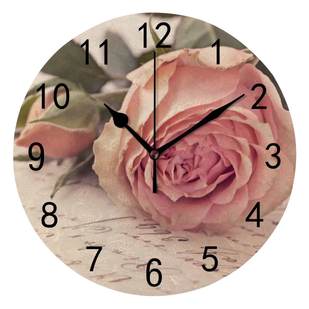 Hidove Round Wall Clock Home Decorative, Pink Rose Wall Clock 10 inch ...