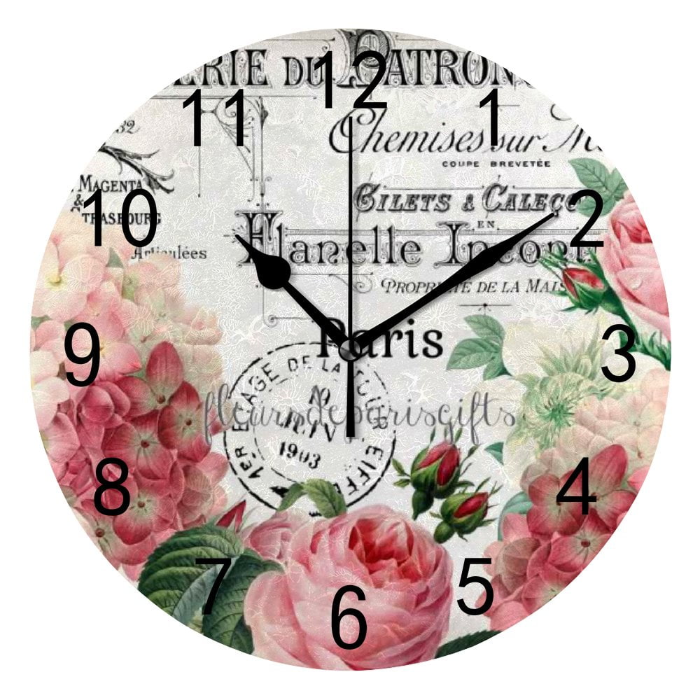 Hidove Round Wall Clock Home Decorative, Pink Rose with Word Wall Clock ...