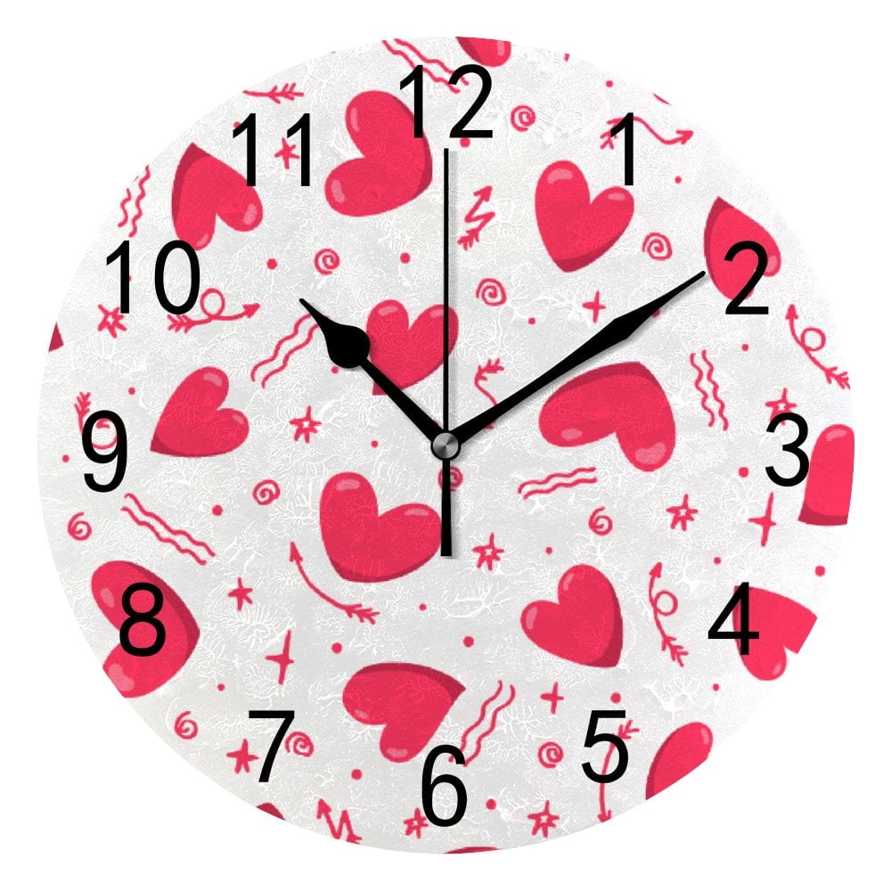 Hidove Round Wall Clock Home Decorative, Seamless Pattern with Hearts ...