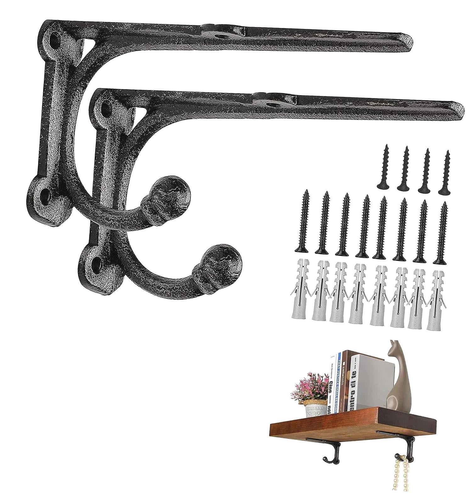 Hidove Rustic Shelf Brackets & Supports, Black Shelf Bracket with Hook ...