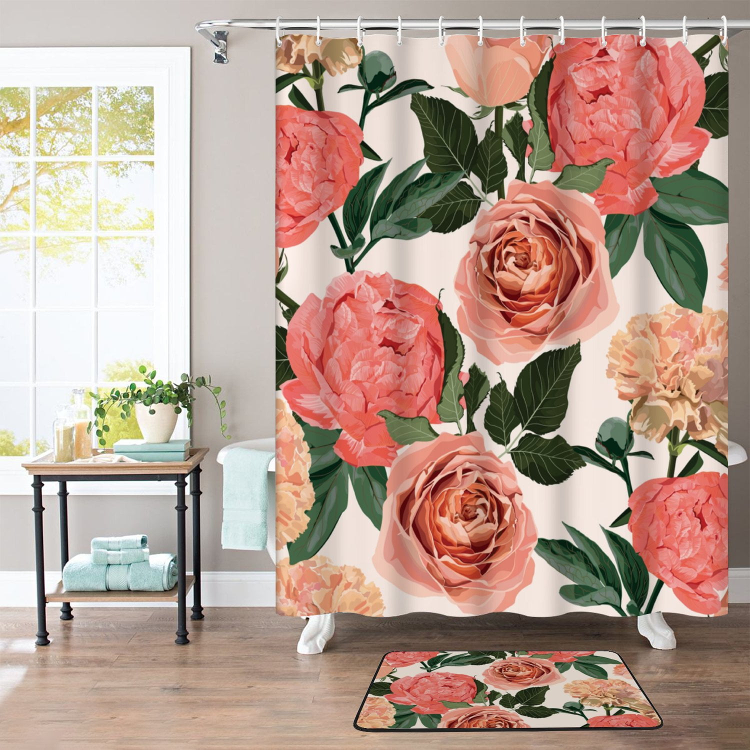 Hidove Shower Curtain Set With Rugs And Hooks For Bathroom Floral