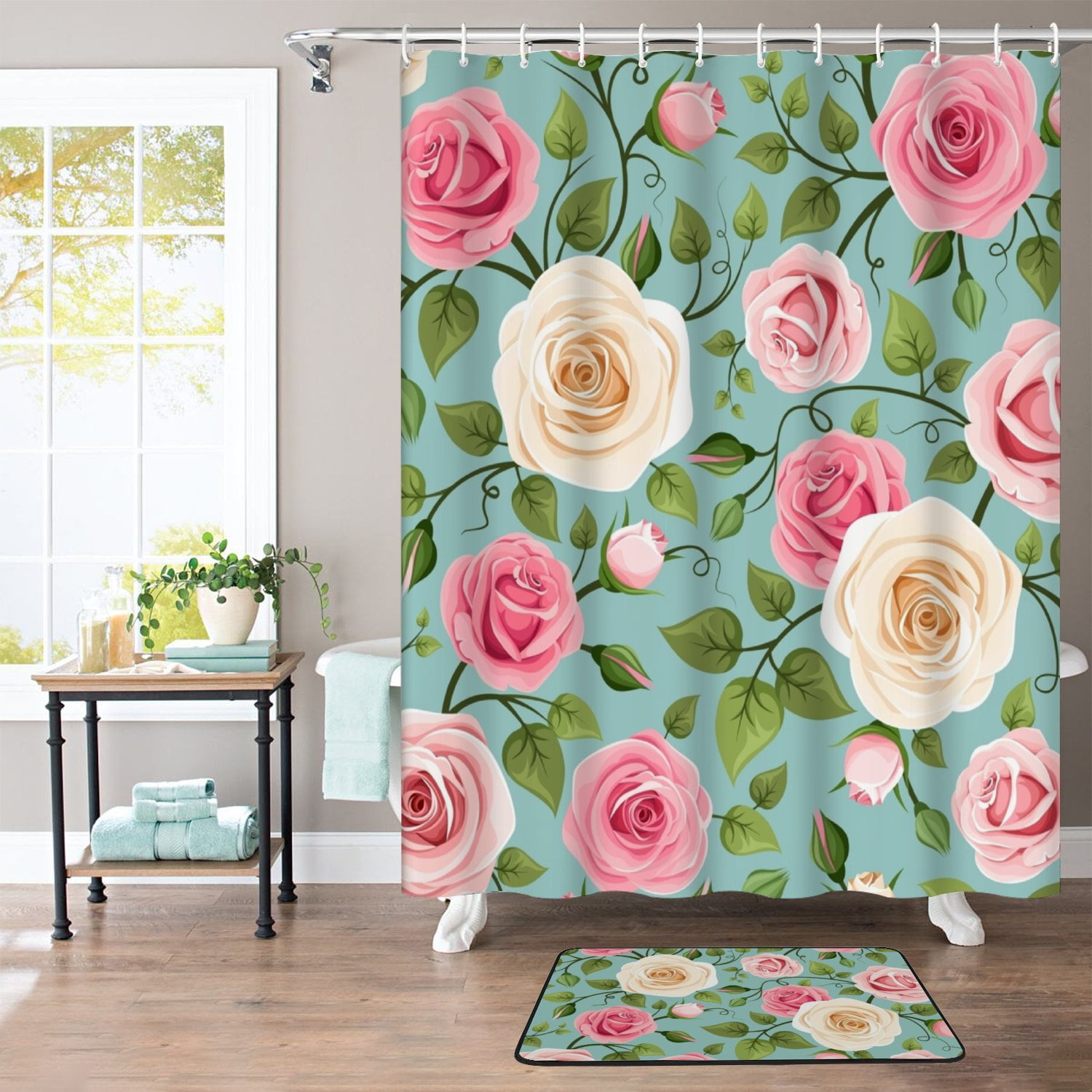 Hidove Shower Curtain Set With Rugs And Hooks For Bathroom Floral