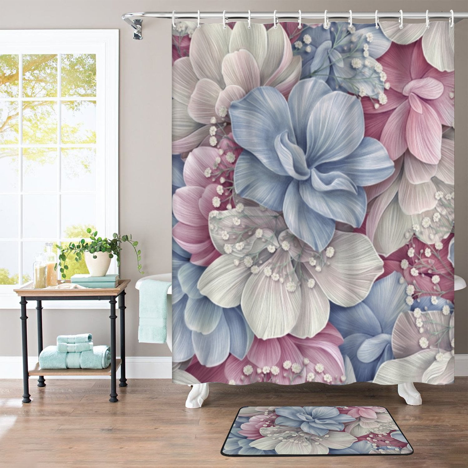 Hidove Shower Curtain Set With Rugs And Hooks For Bathroom Watercolor