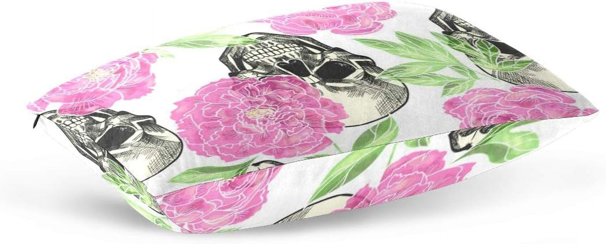 Hidove Skull And Beautiful Pink Peonies Velvet Oblong Lumbar Plush Throw Pillow Covershams