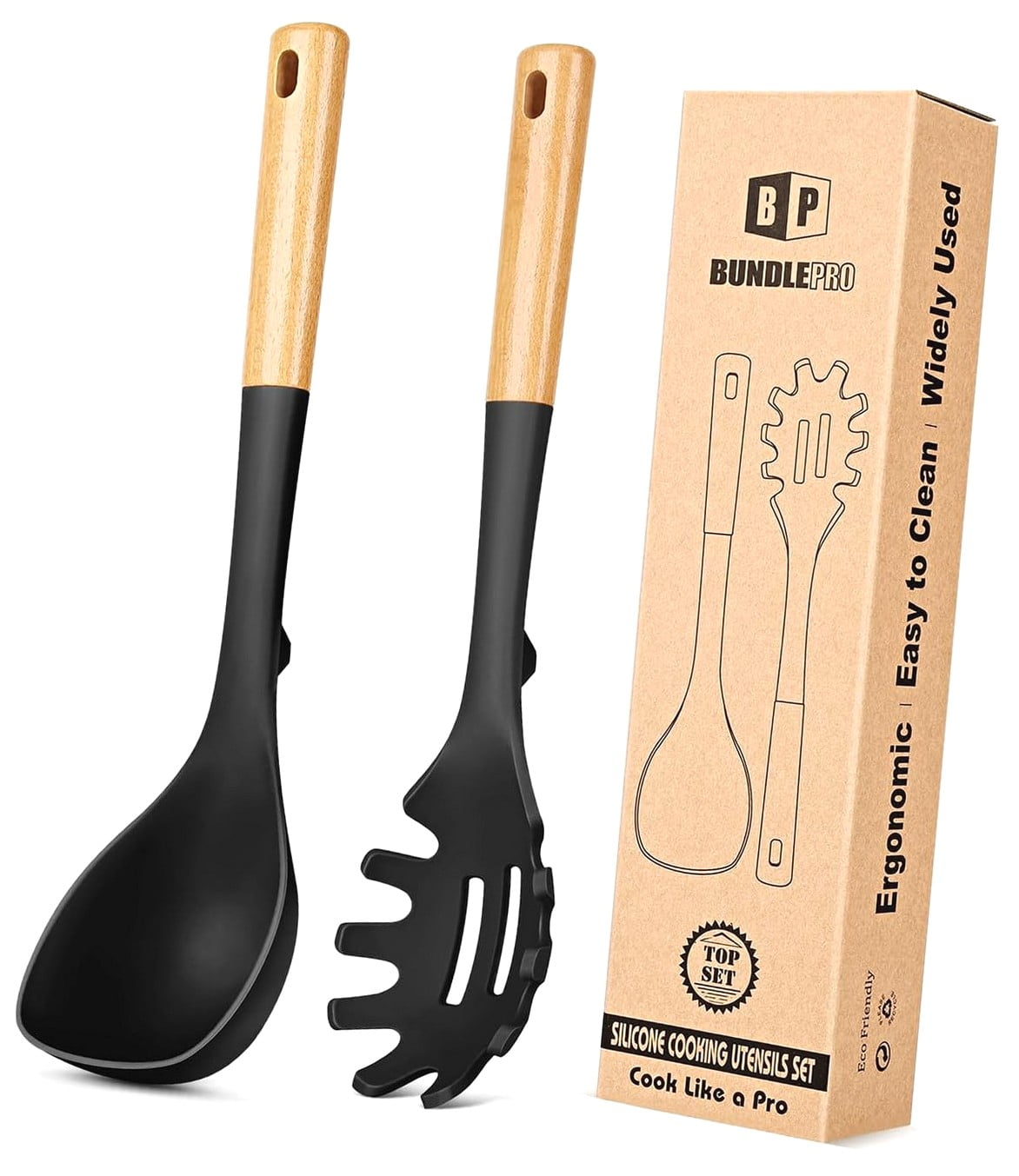 Hidove Soup Ladle and Spaghetti Spoon Set with Wooden Handle, Non Stick ...